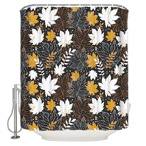 Double Love Autumn Maple Leaves Bathroom Curtain 72 Inch Shower Curtain with Hooks, Waterproof Polyester Bath Curtain Washable Bathtub Curtain Yellow White Gold Leaf Black Backdrop 48''x 72''