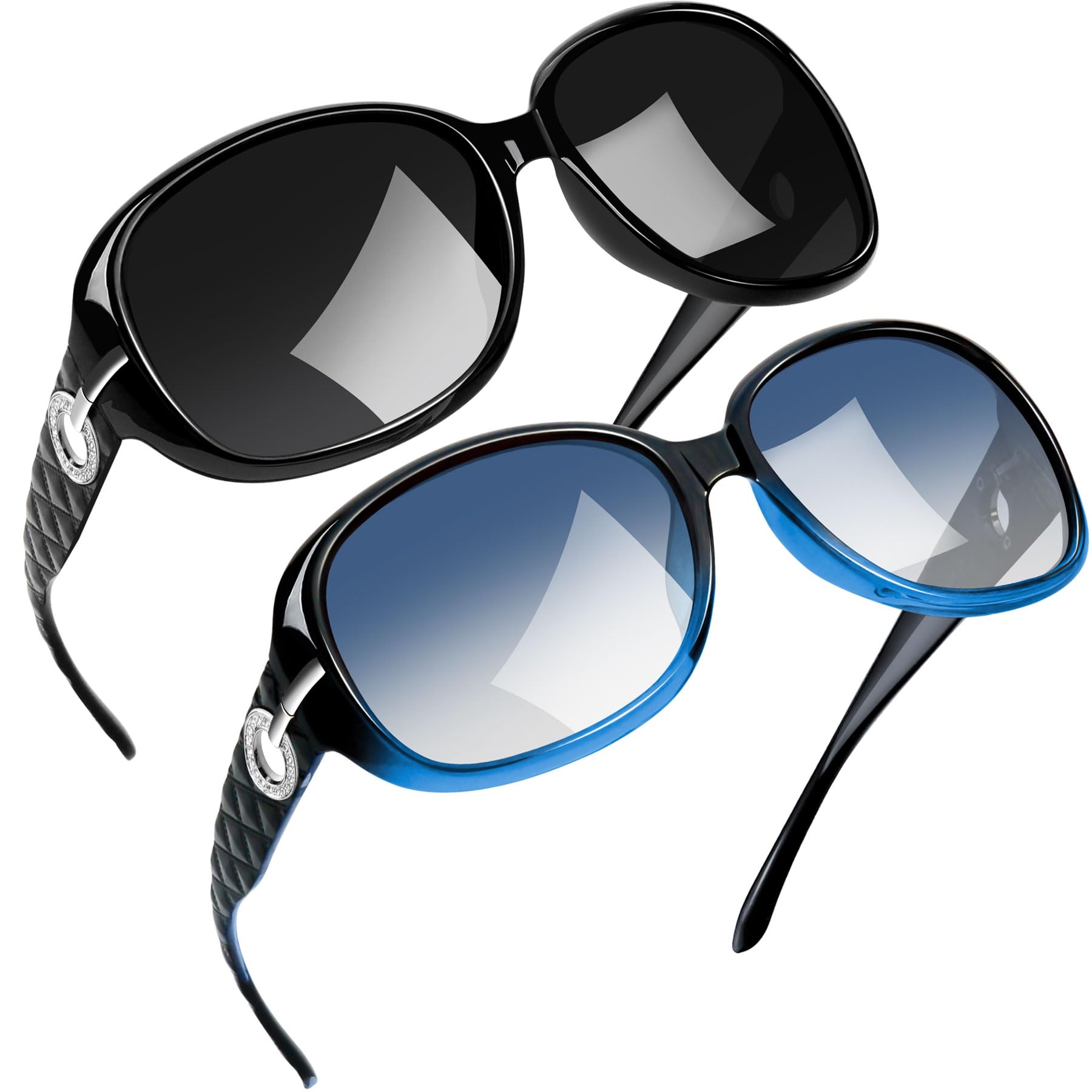 Joopin Big Sunglasses Oversized Shades for Women Ladies Trendy Large Sun Glasses Polarized UV Protection Rhinestone Sunnies 2 Pack (Black + Tinted Blue)