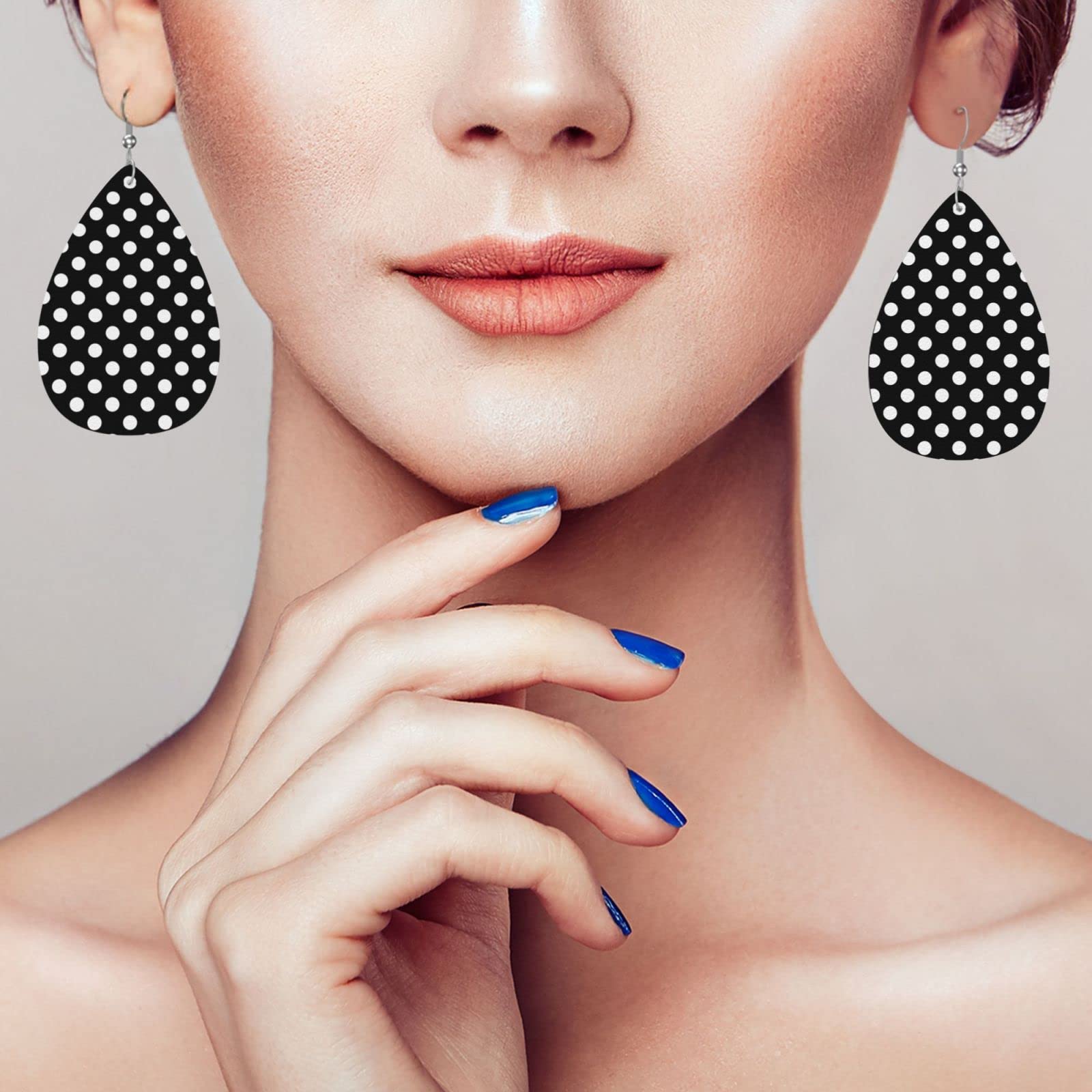 Black White Polka Dot Faux Leather Earrings For Women Lightweight Teardrop Dangle Earrings Gift