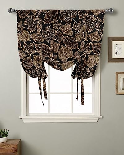 Thanksgiving Fall Tie Up Curtains for Kitchen Bathroom Bedroom Windows 63 Inch Length, Balloon Drape Curtains Shade Rod Pocket Drapery Curtain Gold Autumn Maple Leaves Black Backdrop 1 Panel, 52"x63"