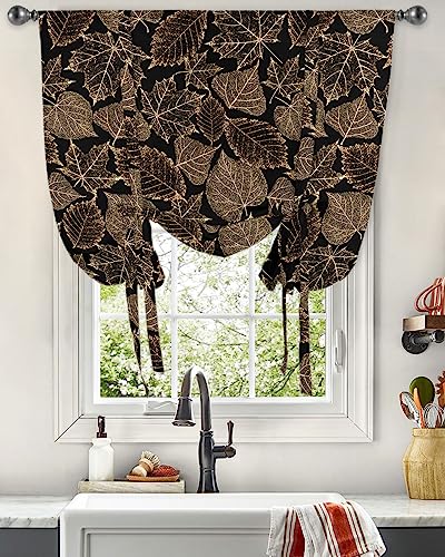 Thanksgiving Fall Tie Up Curtains for Kitchen Bathroom Bedroom Windows 63 Inch Length, Balloon Drape Curtains Shade Rod Pocket Drapery Curtain Gold Autumn Maple Leaves Black Backdrop 1 Panel, 52"x63"
