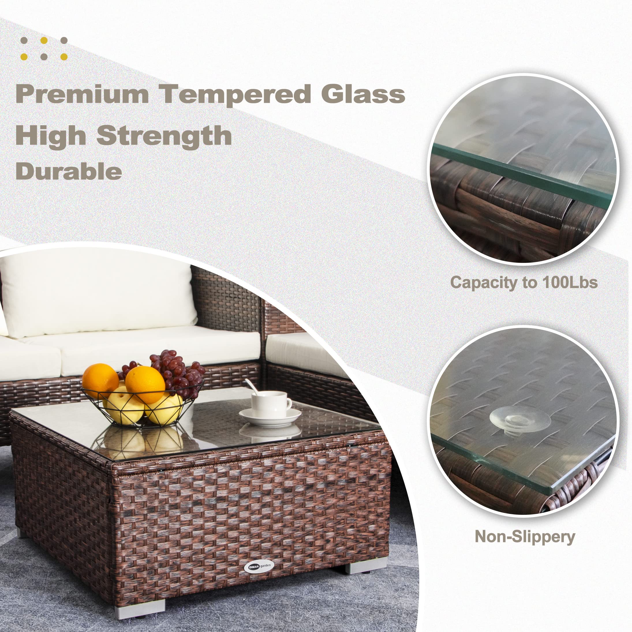 Outdoor Coffee Table for Patio Table Wicker Patio Coffee Table Lawn Garden Rattan Small Coffee Table with Glass Top All-Weather, 25.2in Mixed Brown