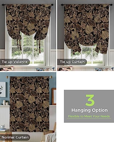 Thanksgiving Fall Tie Up Curtains for Kitchen Bathroom Bedroom Windows 63 Inch Length, Balloon Drape Curtains Shade Rod Pocket Drapery Curtain Gold Autumn Maple Leaves Black Backdrop 1 Panel, 52"x63"