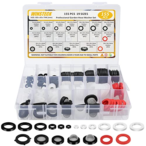 Rubber Washer Plumbing, 155 PCS 19 Types Rubber & Silicone Garden Hose Washers, Water Hose Gasket with Screen Filter for 3/4, 1/2, 5/8 Hose Fittings, Nozzles, Hose Splitters and Faucet Seal Repair