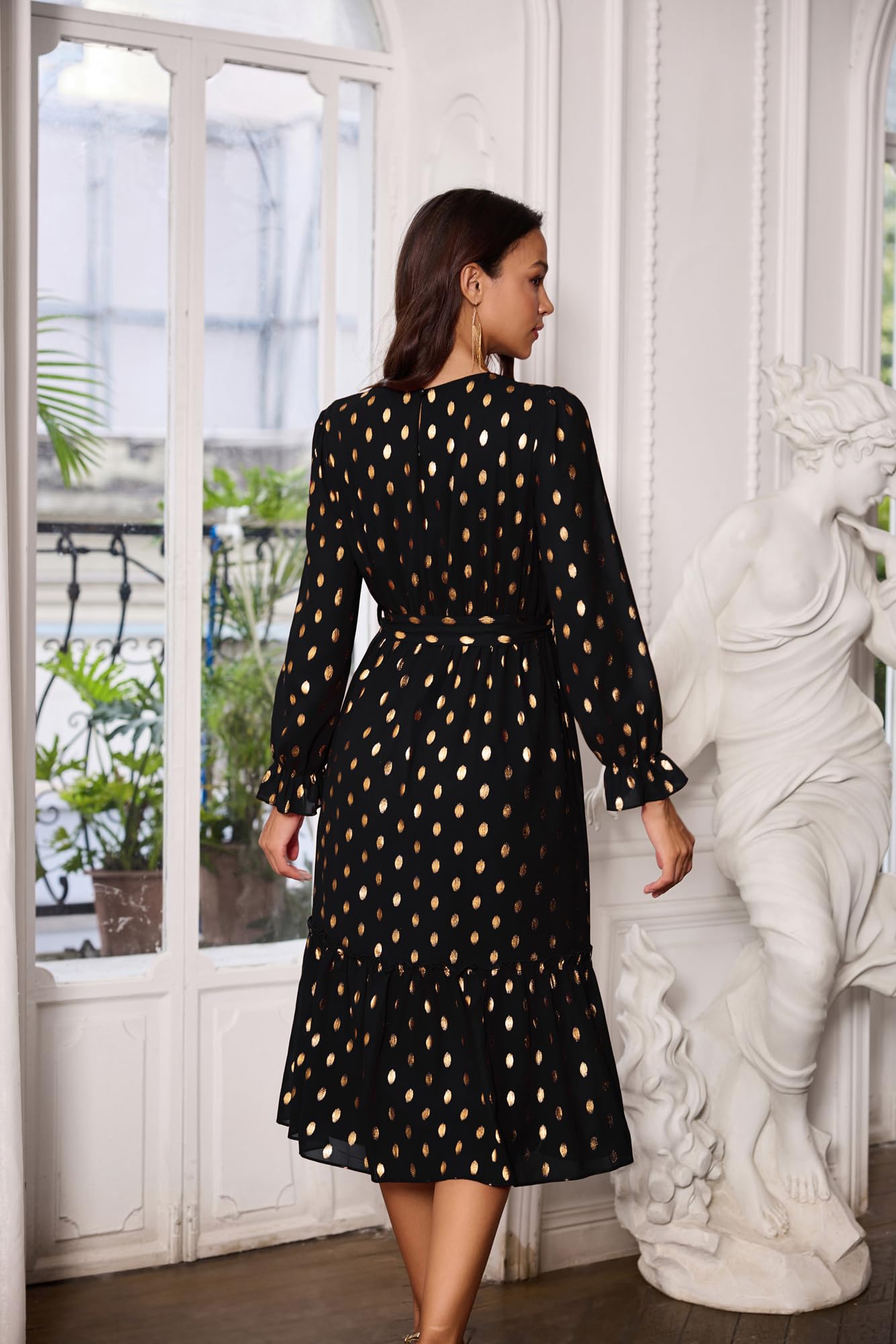 GRACE KARIN Long Sleeve Dress for Women Gold Polka Dot Round Neck Ruffle Tiered A-Line Cocktail Midi Dresses with Slit Black S