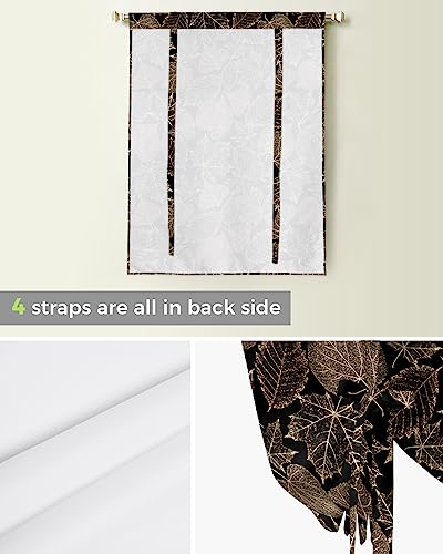 Thanksgiving Fall Tie Up Curtains for Kitchen Bathroom Bedroom Windows 63 Inch Length, Balloon Drape Curtains Shade Rod Pocket Drapery Curtain Gold Autumn Maple Leaves Black Backdrop 1 Panel, 52"x63"