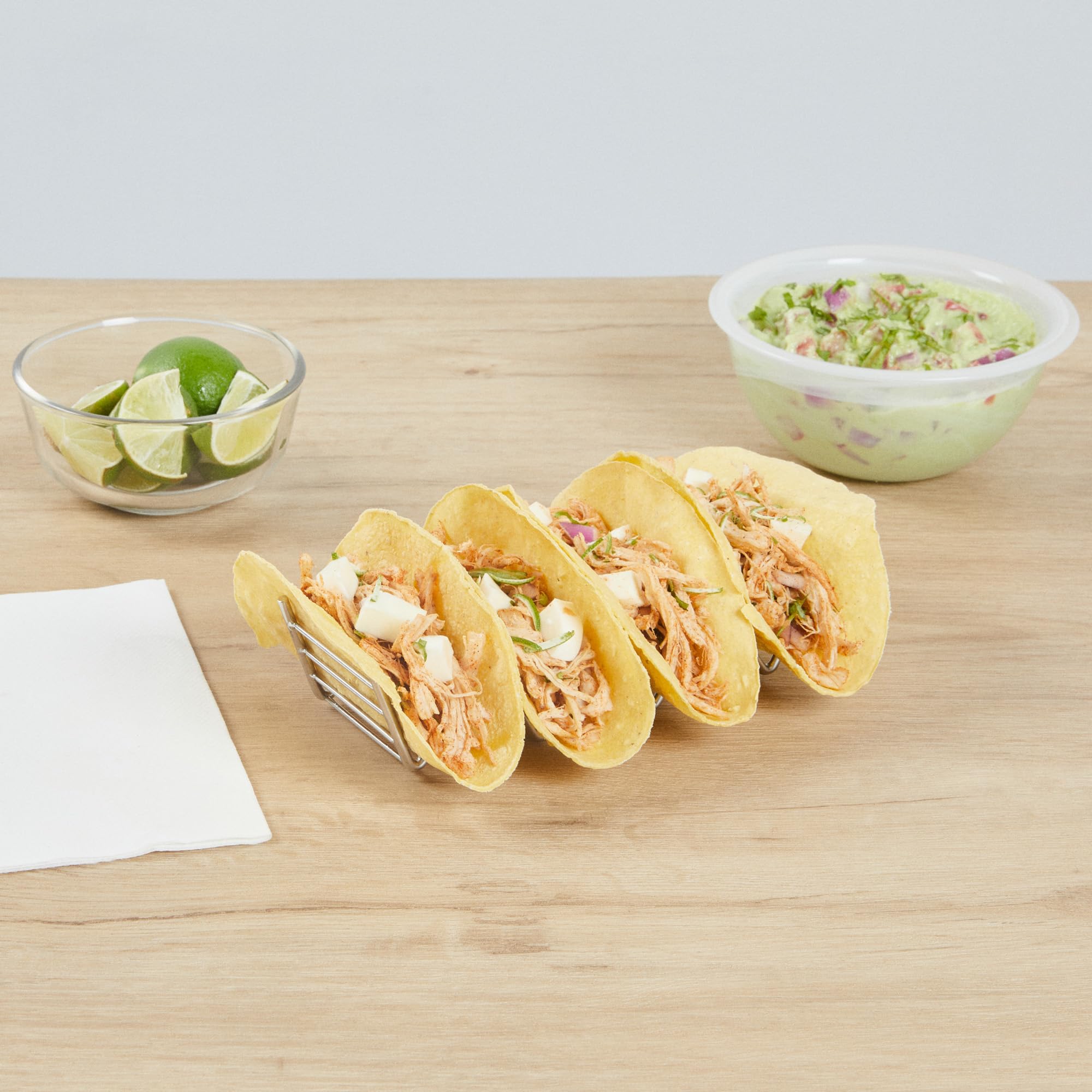 Restaurantware 7.1 Inch x 2.5 Inch Taco Stand 1 Rectangle Taco Rank - Fits 4 Tacos Reversible Silver Stainless Steel Taco Holder Dishwasher Safe For Hard Or Soft Shells