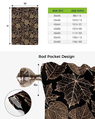Thanksgiving Fall Tie Up Curtains for Kitchen Bathroom Bedroom Windows 63 Inch Length, Balloon Drape Curtains Shade Rod Pocket Drapery Curtain Gold Autumn Maple Leaves Black Backdrop 1 Panel, 52"x63"