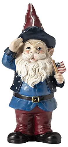 Alpine Corporation 12" Tall Outdoor Patriotic Garden Gnome Saluting Yard Statue Decoration
