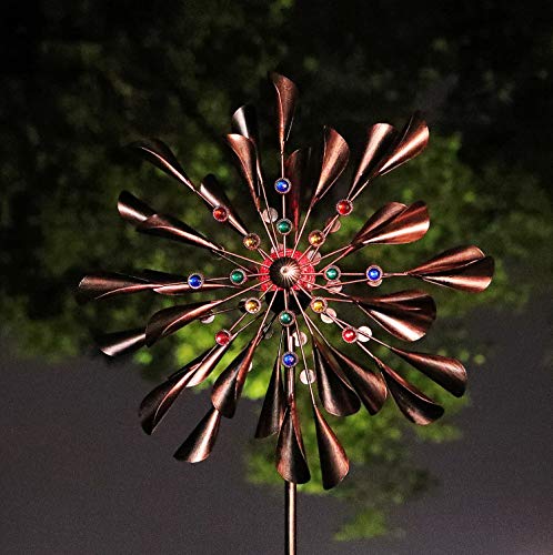 WSgift 79in Large Copper Solar Wind Spinner Multi-Color Seasonal LED Lighting Solar Powered Glass Ball with Kinetic Wind Spinner Dual Direction for Patio Lawn & Garden Decorations
