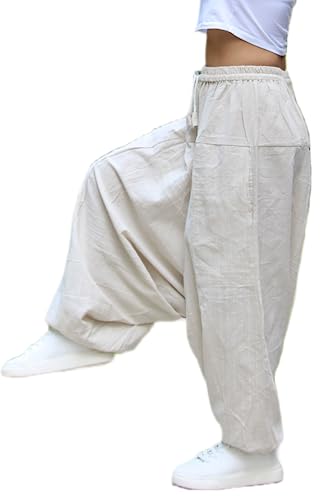 Women's Harem Pants 100% Cotton with Pockets,Jute Cotton, Maternity Loose Fit Bohemian Yoga Boho Hippie Colorful Harem Pants, Pure Soft Cotton Casual Fashion Women Travelling(White)