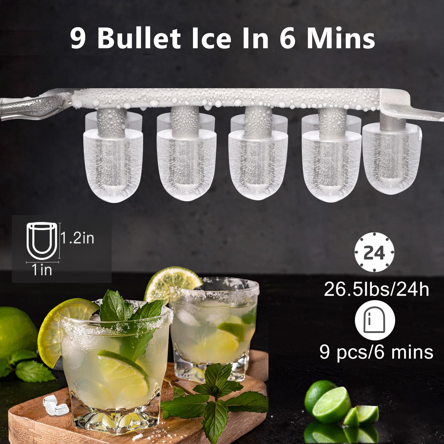 Joy Pebble Bullet Ice Maker Countertop with Handle,9 Bullet Ice Cubes Ready in 6 Mins,26Lbs/24H, Self-Cleaning Portable Ice Machine with Basket and Scoop, for Home/Kitchen, White