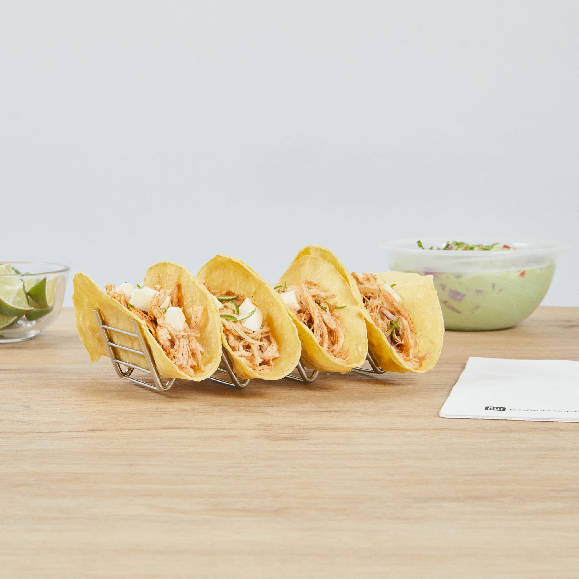 Restaurantware 7.1 Inch x 2.5 Inch Taco Stand 1 Rectangle Taco Rank - Fits 4 Tacos Reversible Silver Stainless Steel Taco Holder Dishwasher Safe For Hard Or Soft Shells