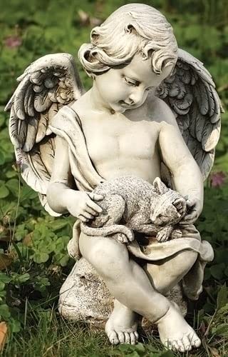 Joseph's Studio by Roman Inc., Cherub with Kitten, Garden Collection, Religious Statue, Holy Family, Memorial, Angel, Patron Saint, Garden Décor (12x8x7)