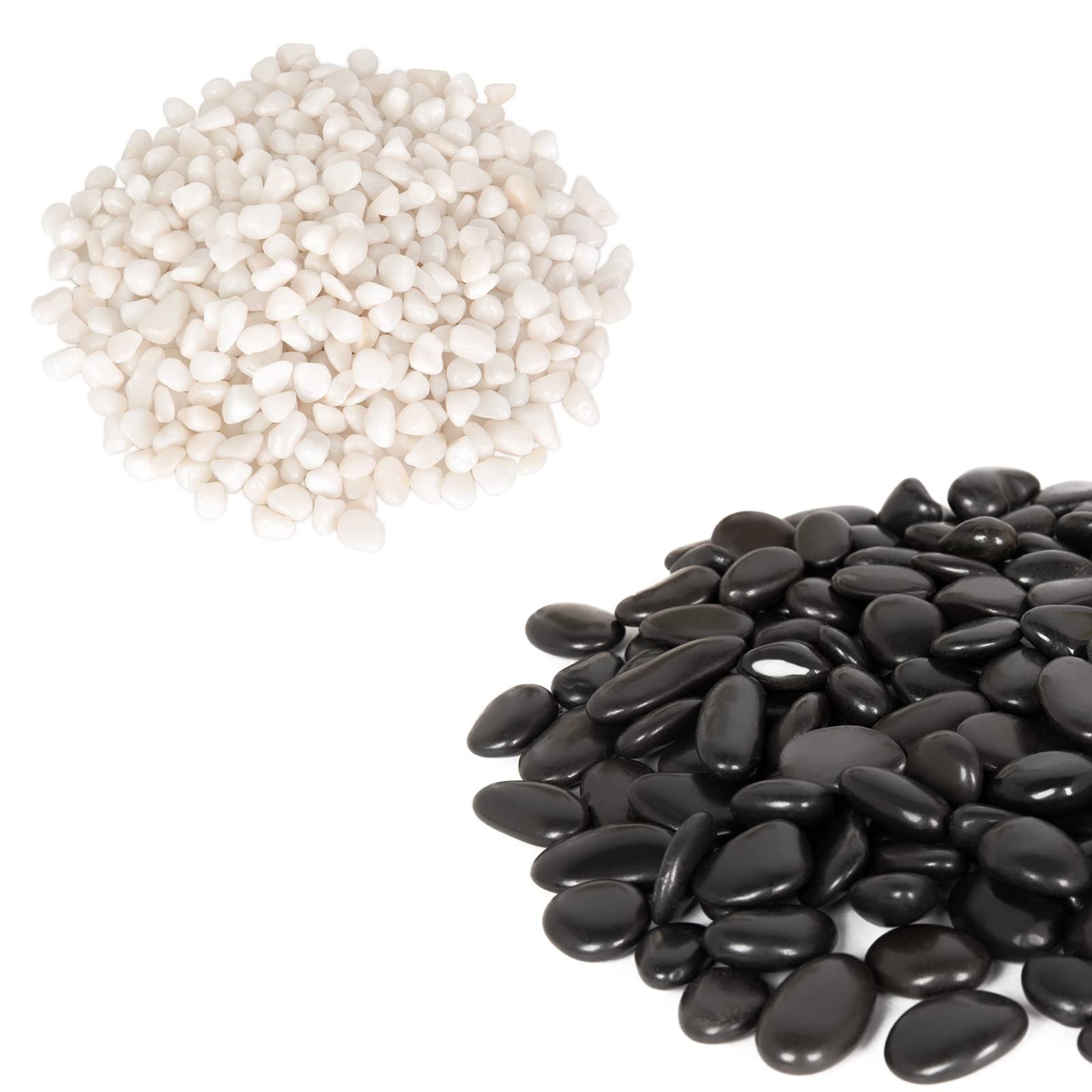 GASPRO 15 Pound Black River Rocks + 8 Pound White Pebbles, 1 to 2 Inch Black Pebbles, 3/8 Inch White Average-Sized Polished Pebble for Plants, Vase, Fish Tank, Garden
