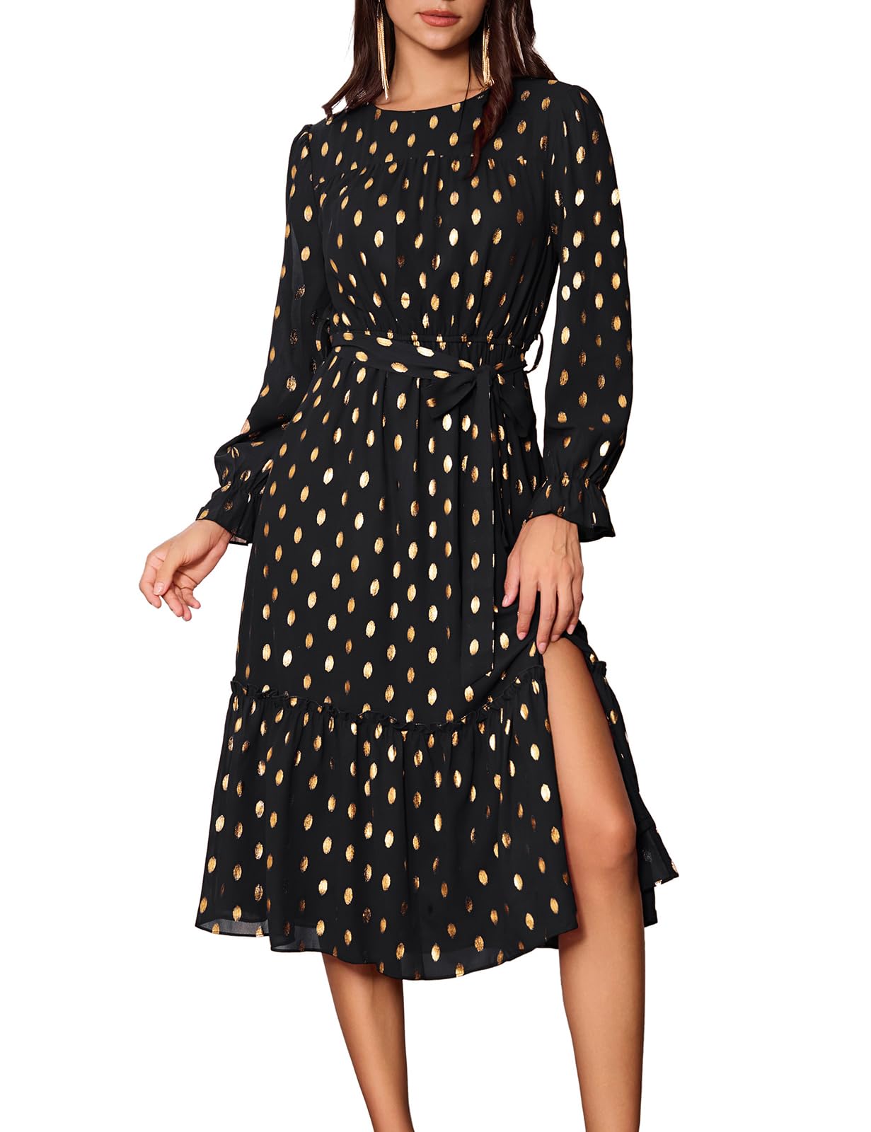 GRACE KARIN Long Sleeve Dress for Women Gold Polka Dot Round Neck Ruffle Tiered A-Line Cocktail Midi Dresses with Slit Black S