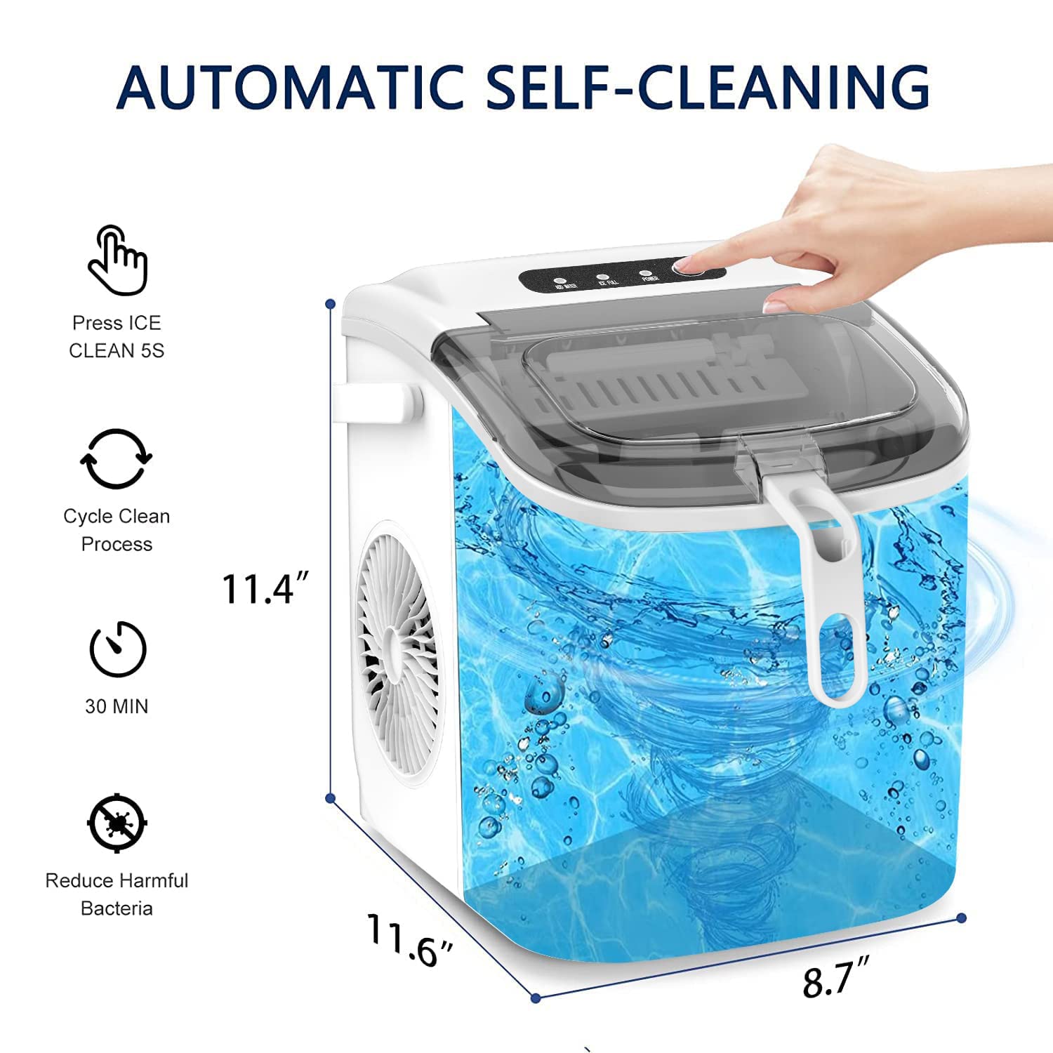 Joy Pebble Bullet Ice Maker Countertop with Handle,9 Bullet Ice Cubes Ready in 6 Mins,26Lbs/24H, Self-Cleaning Portable Ice Machine with Basket and Scoop, for Home/Kitchen, White