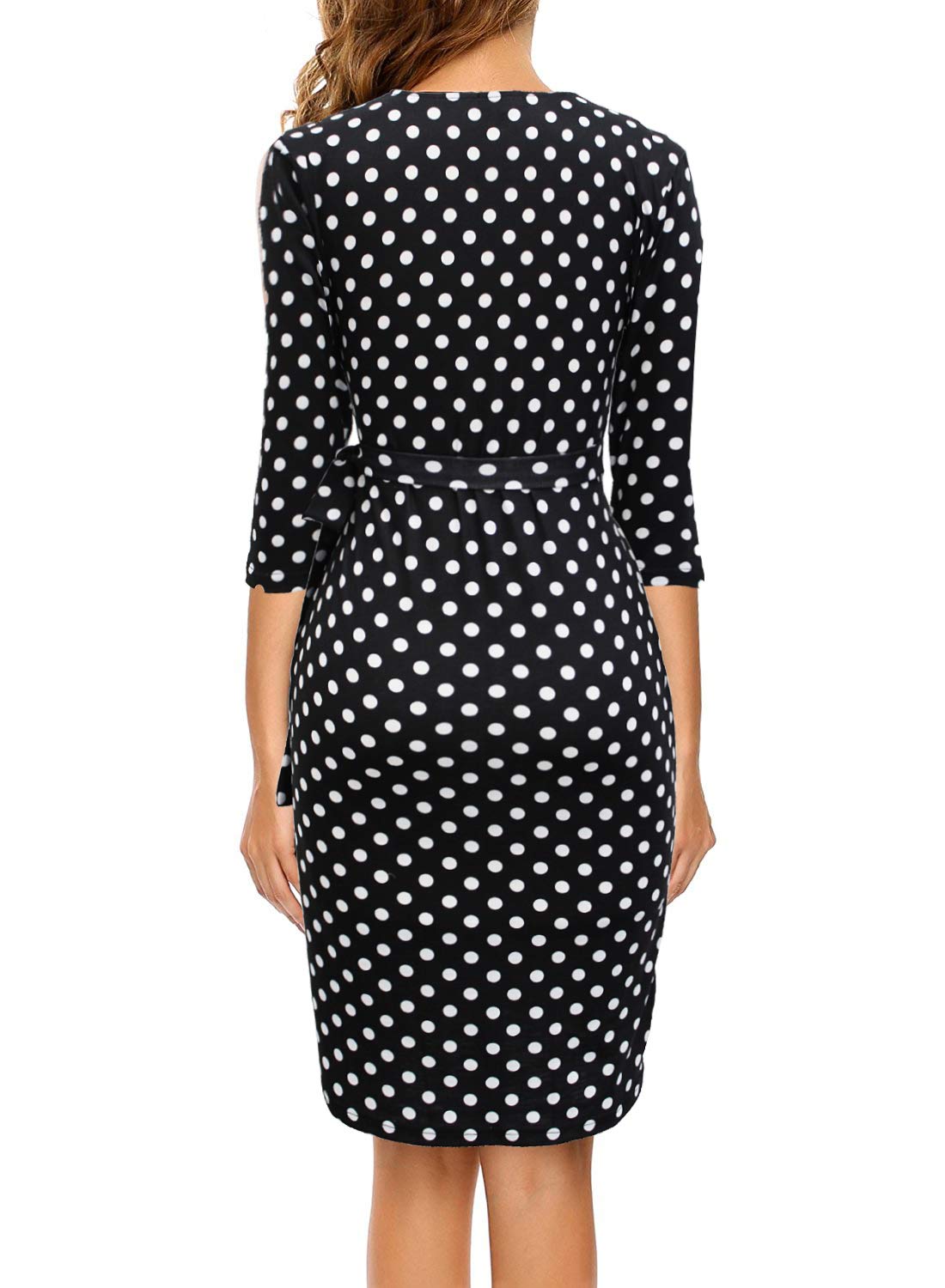Berydress Women's Classic 3/4 Sleeve V Neck Sheath Casual Party Work Faux Black Wrap Dress (L, 6083-Black Dot)