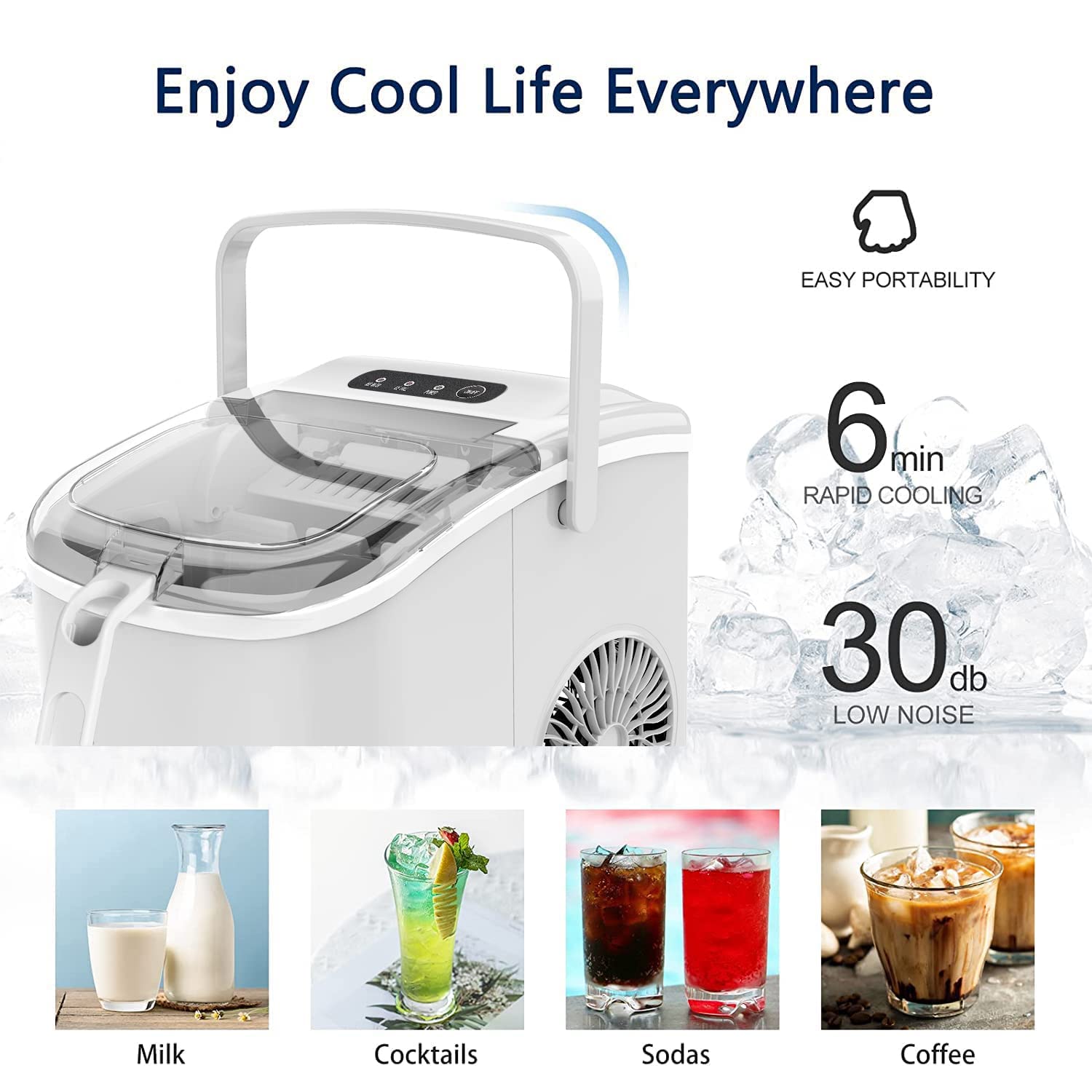Joy Pebble Bullet Ice Maker Countertop with Handle,9 Bullet Ice Cubes Ready in 6 Mins,26Lbs/24H, Self-Cleaning Portable Ice Machine with Basket and Scoop, for Home/Kitchen, White