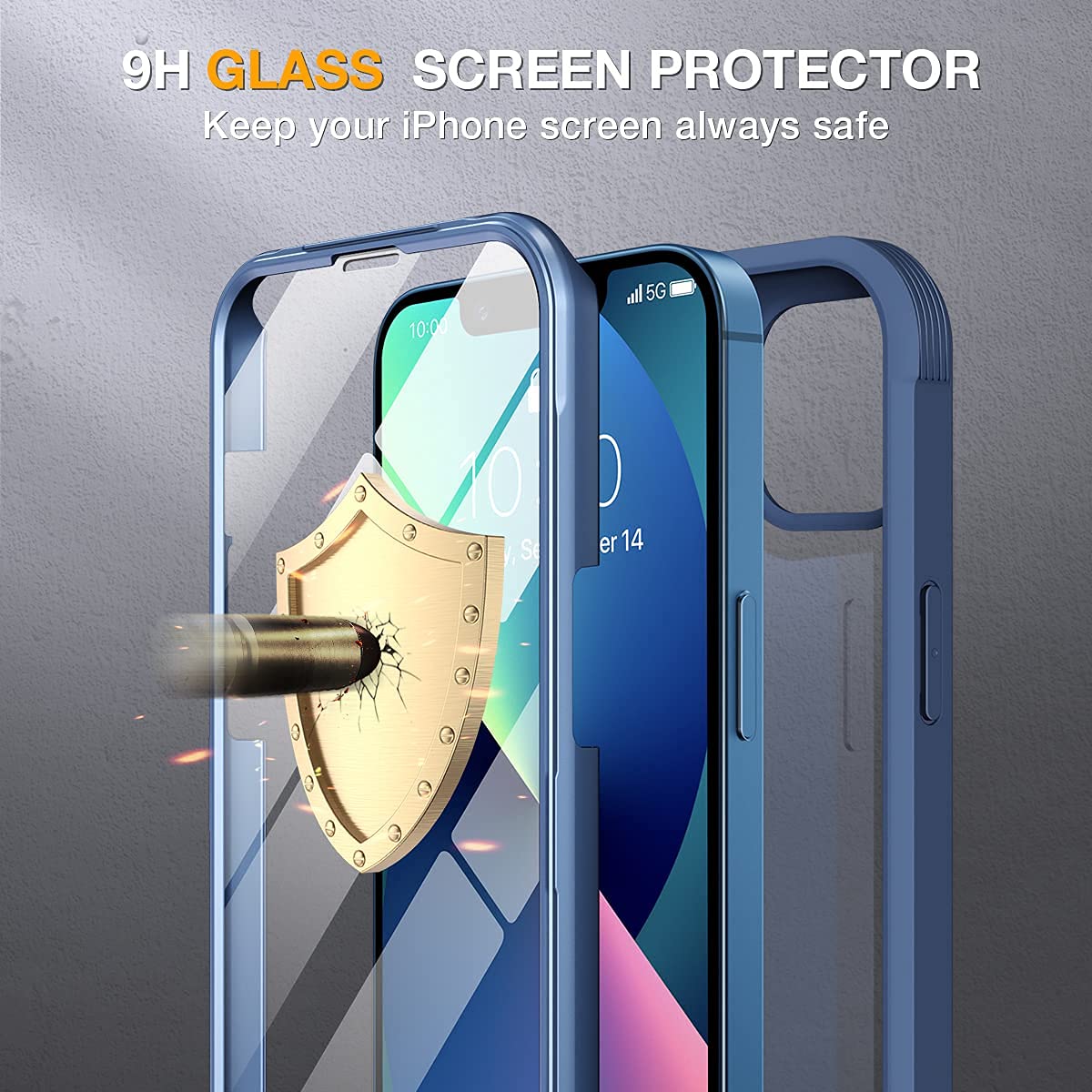 Miracase Compatible with iPhone 13 Mini case 5.4 inch, 2023 Upgrade Full-Body Glass Clear Case Bumper Case with Built-in 9H Tempered Glass Screen Protector for iPhone 13 Mini, Dark Blue