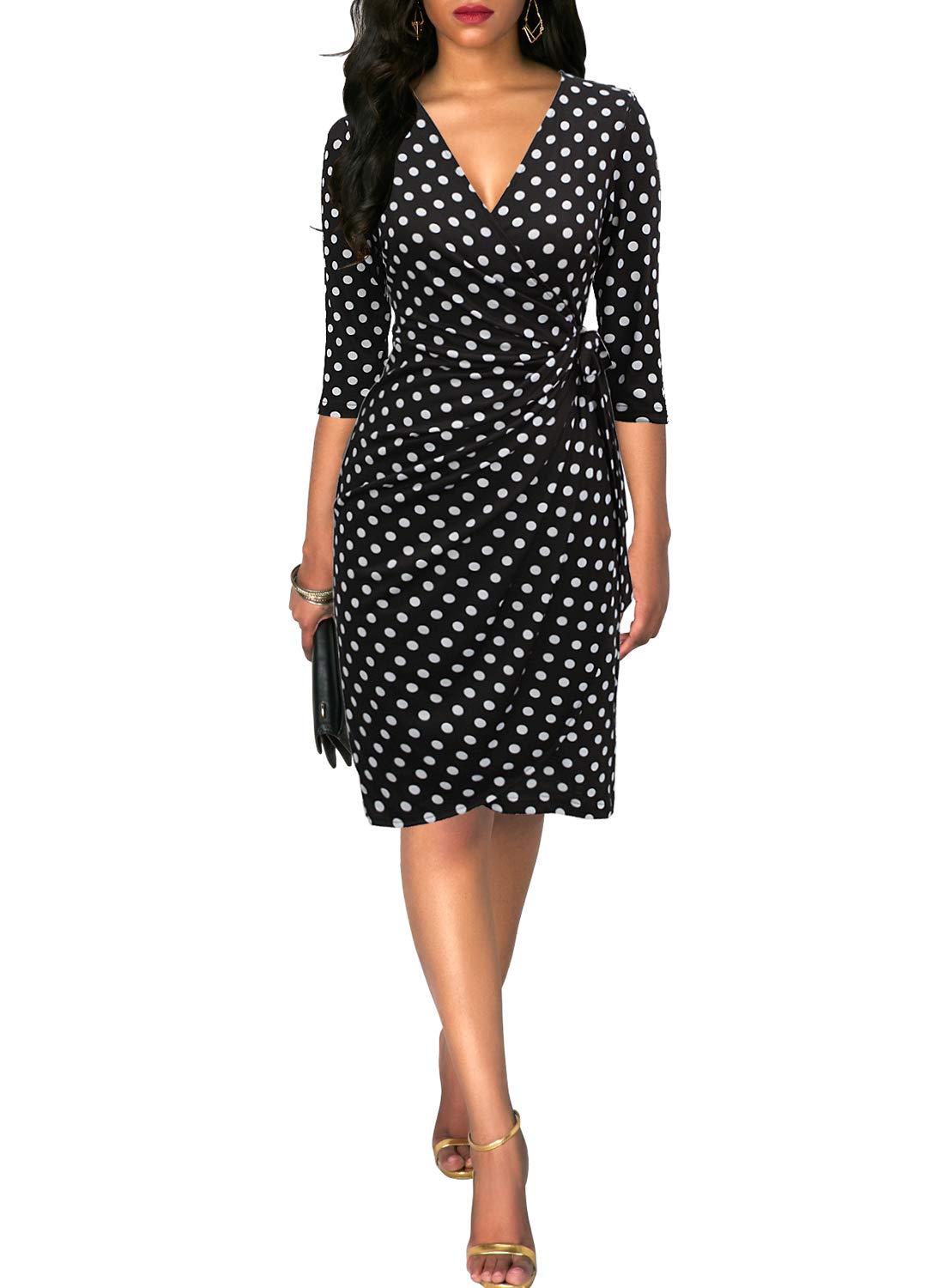 Berydress Women's Classic 3/4 Sleeve V Neck Sheath Casual Party Work Faux Black Wrap Dress (L, 6083-Black Dot)