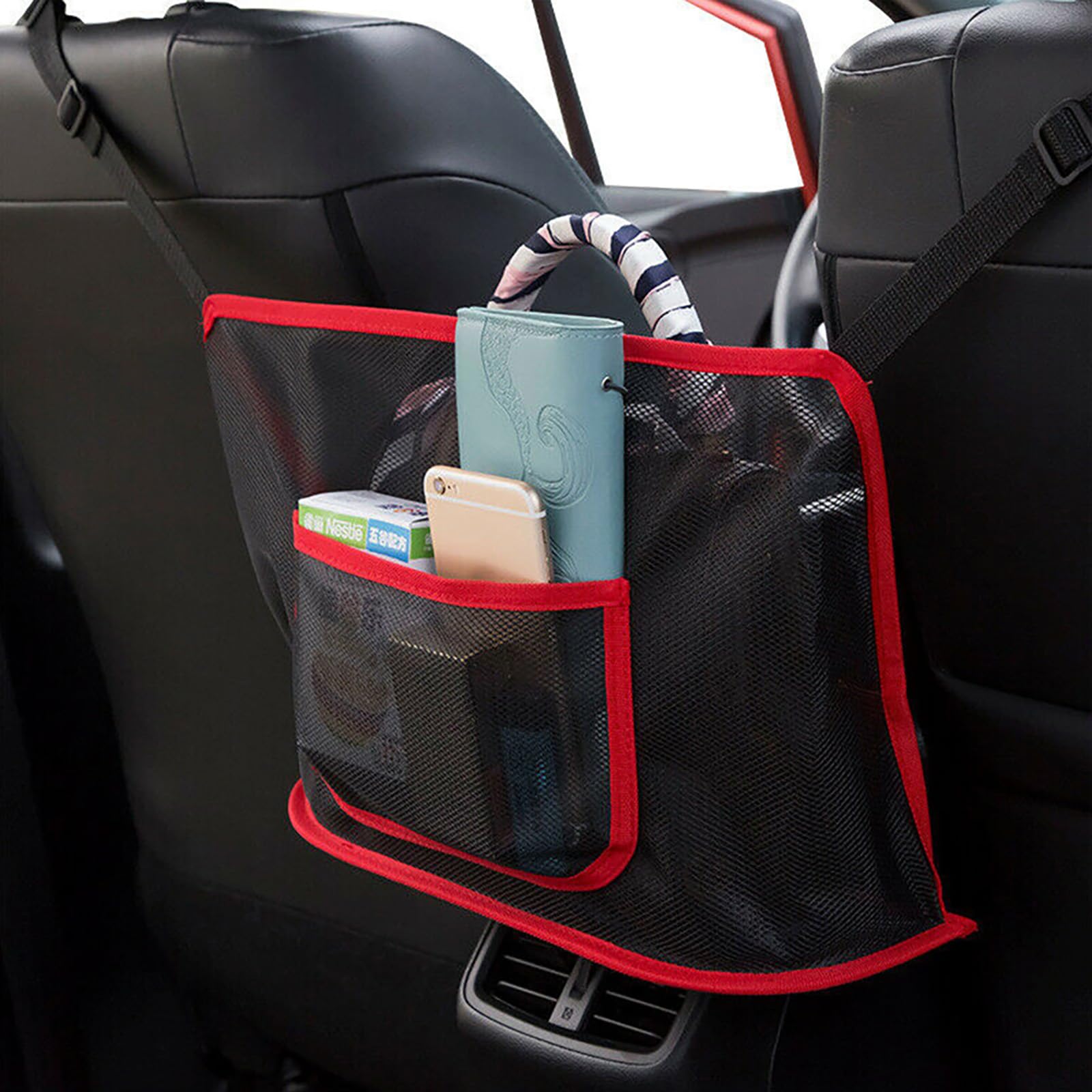 GKmow 2 PCS Car Storage Mesh Pocket Between Two Seats, Hanging Car Storage Organizer, Rear Seat Pet Child Mesh Barrier, Universal Mesh Storage Bag for Most Cars (Red #Upgrade Model)