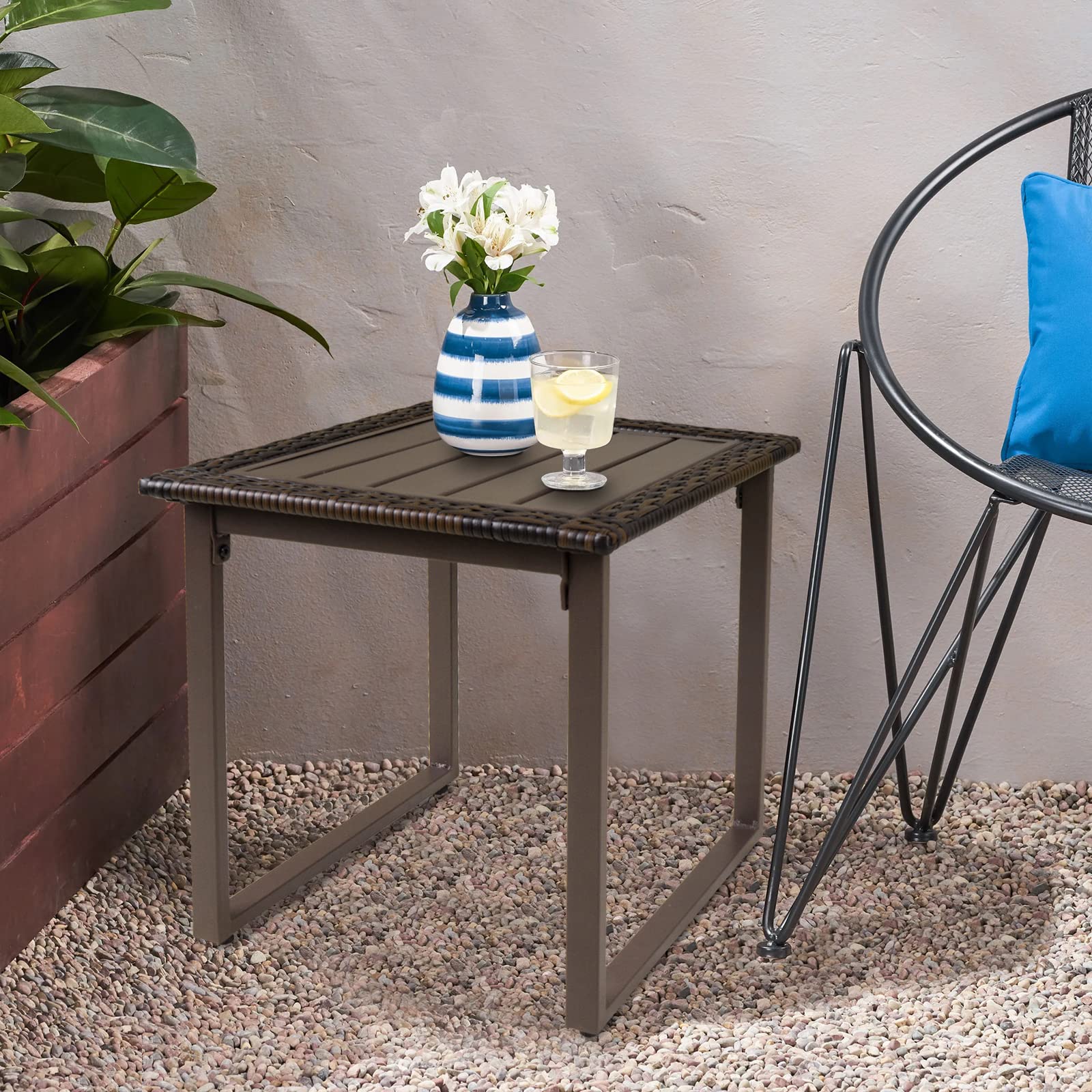 PHIKOOVA Wicker Outdoor Side Table Metal Patio Coffee Table, Metal Square Side Table with Wicker Edge & Slatted Metal Top, for Lawn Garden Backyard, Brown