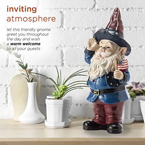 Alpine Corporation 12" Tall Outdoor Patriotic Garden Gnome Saluting Yard Statue Decoration