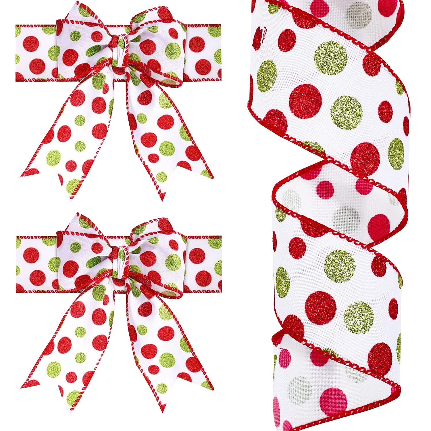 2 Rolls Christmas Ribbons Polka Dot Ribbon Wired Glitter Christmas Wired Ribbons Burlap Decorative Ribbons for DIY Craft Wreath Bows (Green, Red, 2.5 Inch x 6 Yard Per Roll)