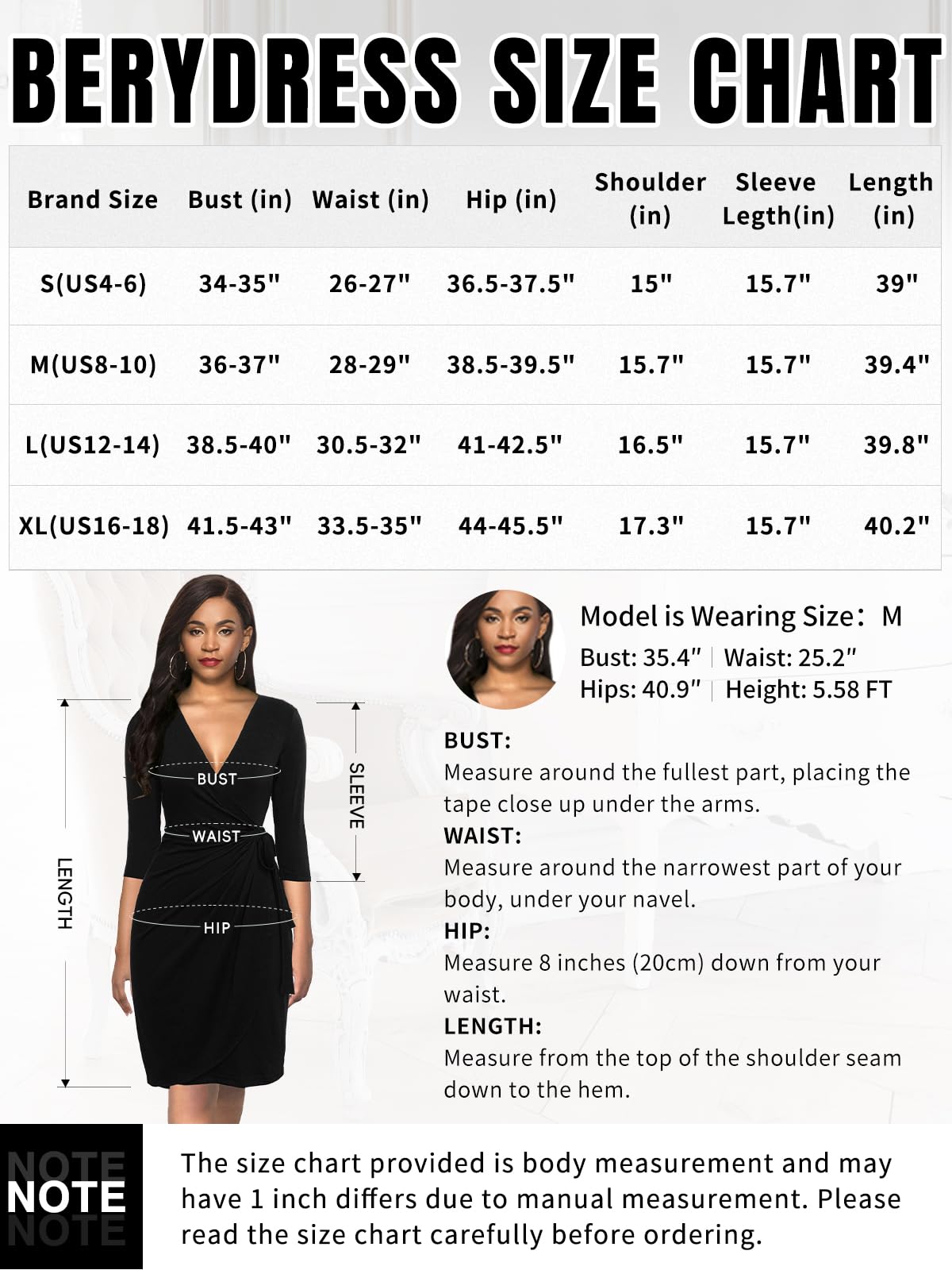 Berydress Women's Classic 3/4 Sleeve V Neck Sheath Casual Party Work Faux Black Wrap Dress (L, 6083-Black Dot)