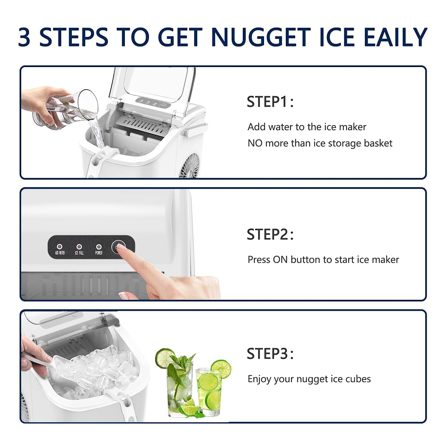 Joy Pebble Bullet Ice Maker Countertop with Handle,9 Bullet Ice Cubes Ready in 6 Mins,26Lbs/24H, Self-Cleaning Portable Ice Machine with Basket and Scoop, for Home/Kitchen, White