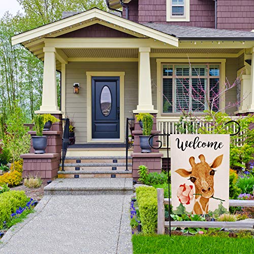 Welcome Spring Cute Giraffe Garden Flag Double Sided Decorative Small Summer Yard Decor Flags 12 X 18 Inch