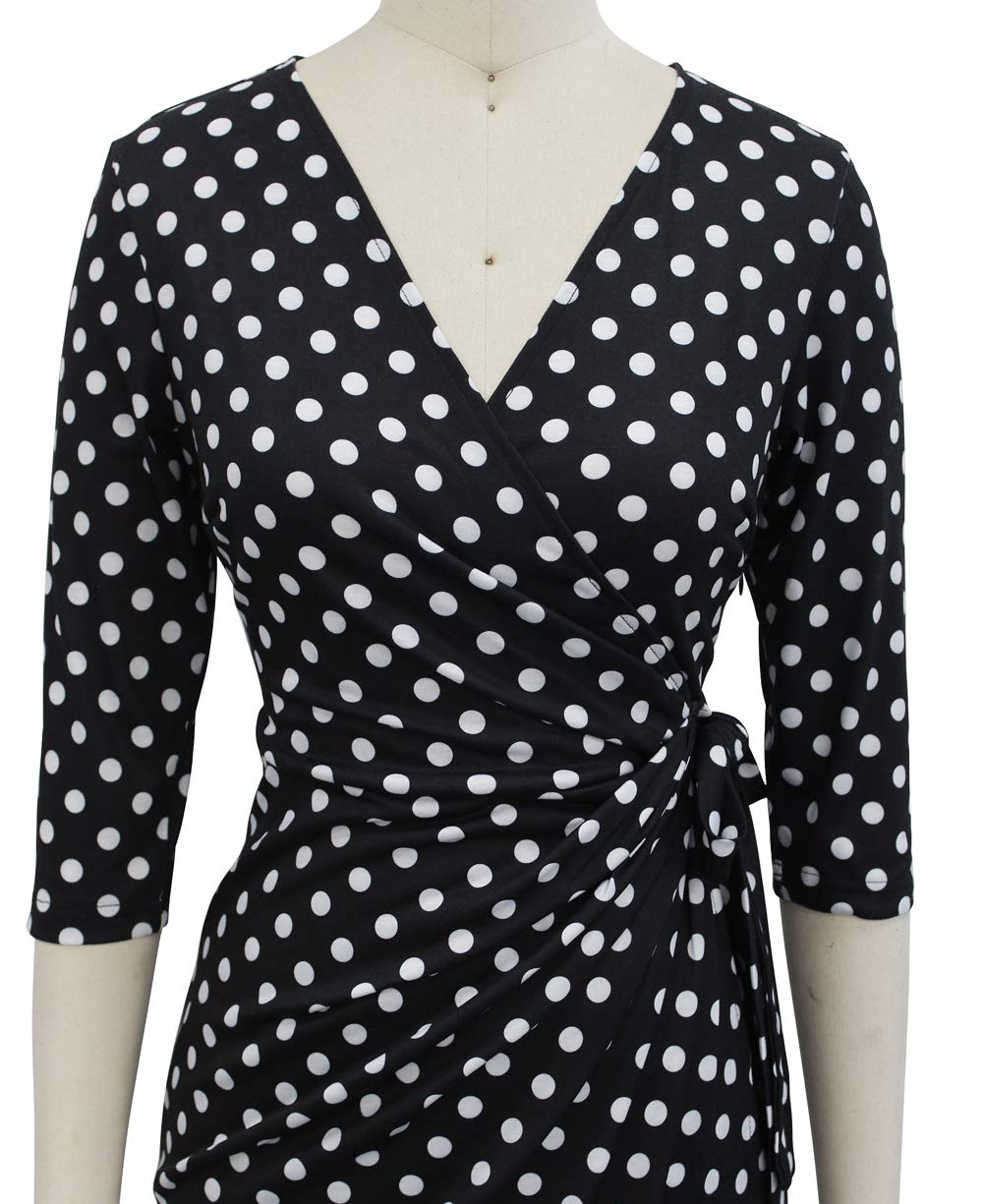 Berydress Women's Classic 3/4 Sleeve V Neck Sheath Casual Party Work Faux Black Wrap Dress (L, 6083-Black Dot)