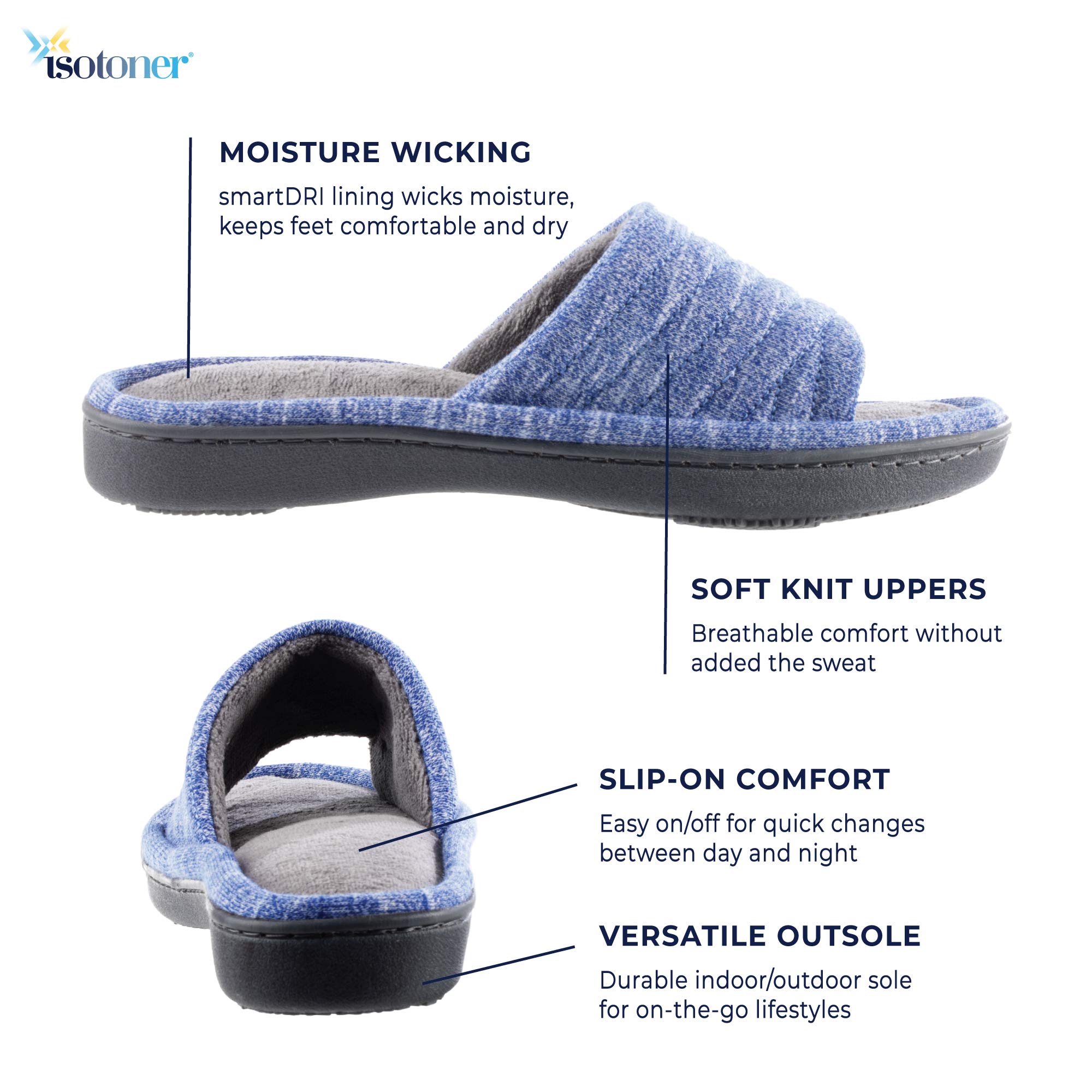 isotoner Women's Premium Knit Slide Slippers-Moisture-Wicking Lining, Rubber Indoor/Outdoor Sole, Sapphire, 9-10
