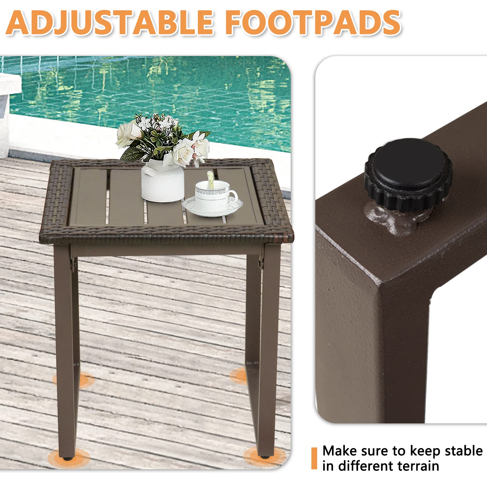 PHIKOOVA Wicker Outdoor Side Table Metal Patio Coffee Table, Metal Square Side Table with Wicker Edge & Slatted Metal Top, for Lawn Garden Backyard, Brown