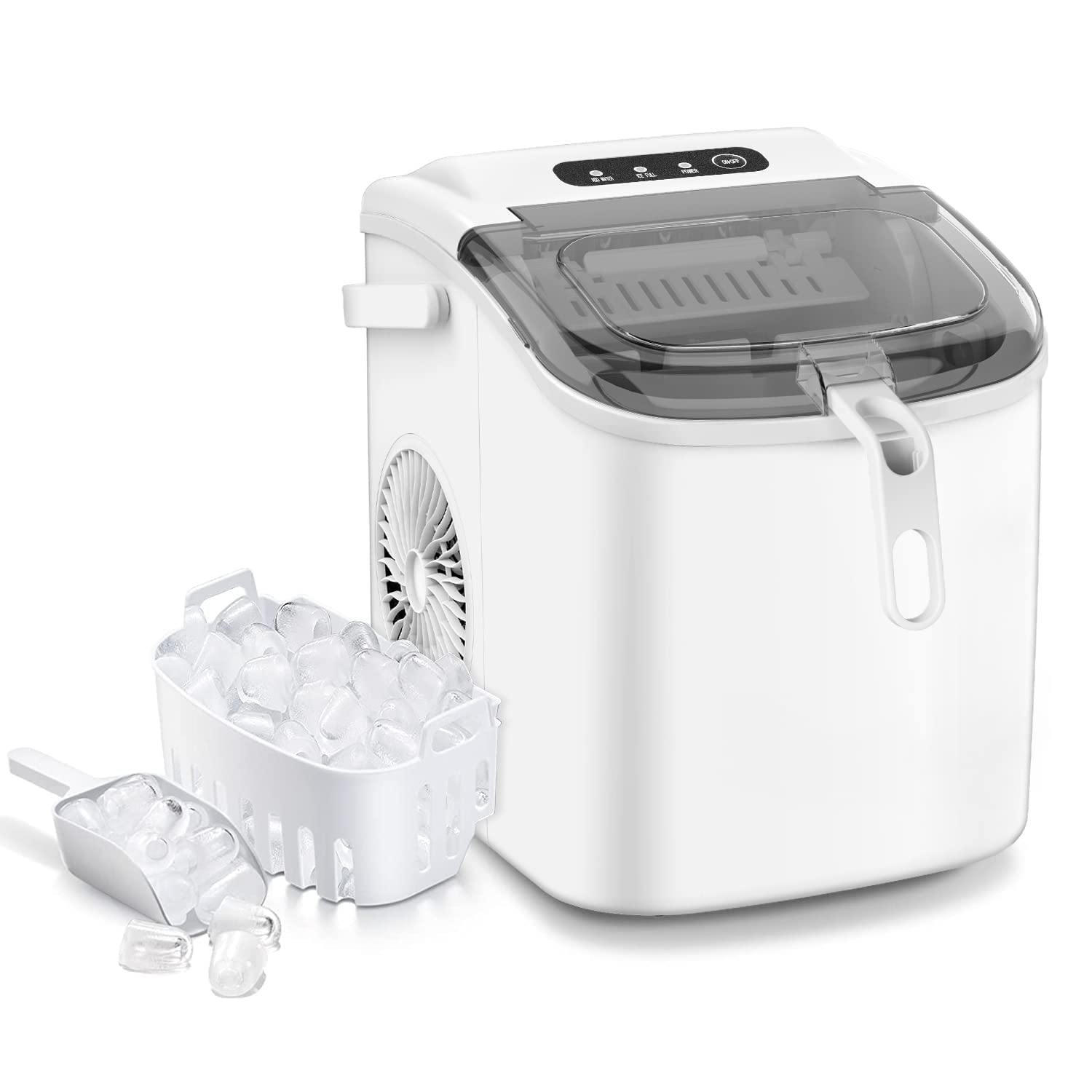 Joy Pebble Bullet Ice Maker Countertop with Handle,9 Bullet Ice Cubes Ready in 6 Mins,26Lbs/24H, Self-Cleaning Portable Ice Machine with Basket and Scoop, for Home/Kitchen, White
