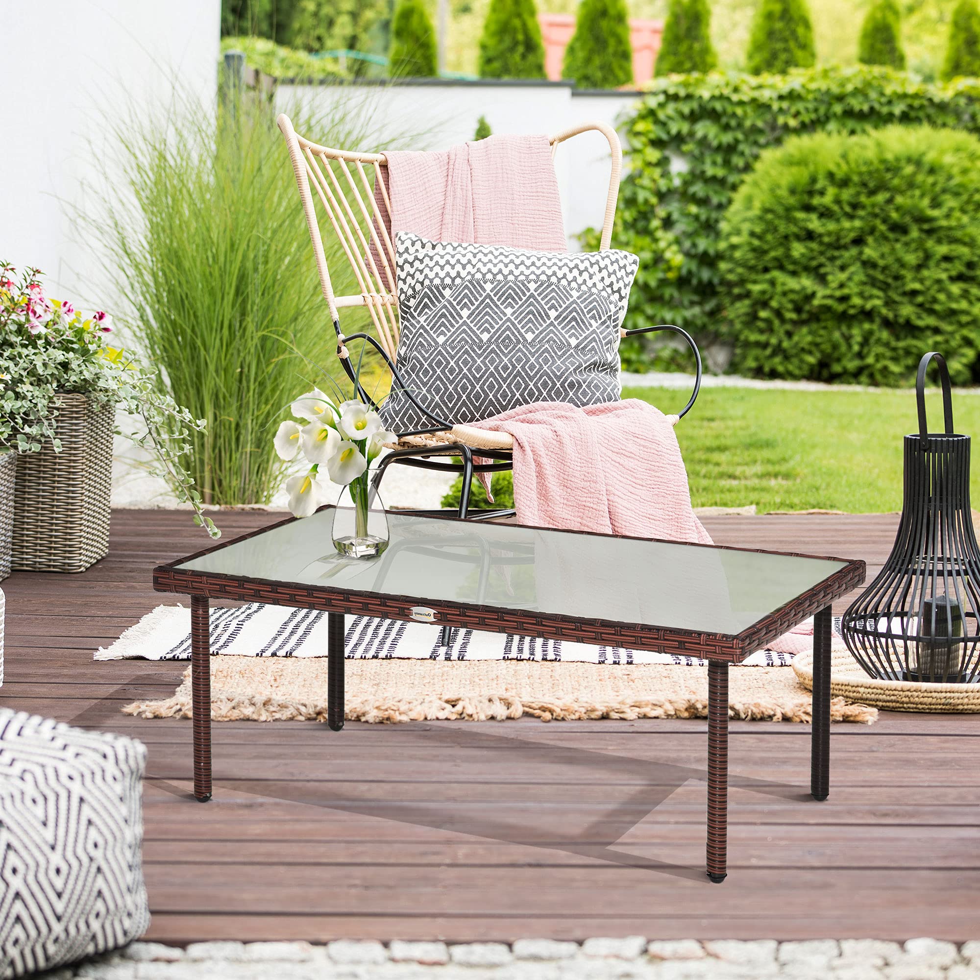Outsunny Patio Wicker Dining Table, Outdoor Rattan Coffee Table with Glass Top for Garden, Patio, or Backyard, Deep Coffee