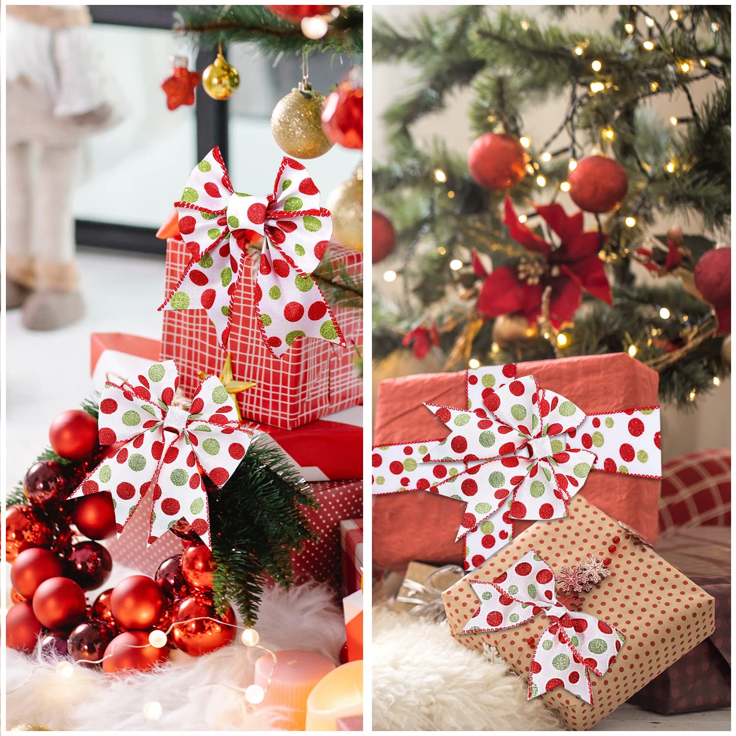 2 Rolls Christmas Ribbons Polka Dot Ribbon Wired Glitter Christmas Wired Ribbons Burlap Decorative Ribbons for DIY Craft Wreath Bows (Green, Red, 2.5 Inch x 6 Yard Per Roll)