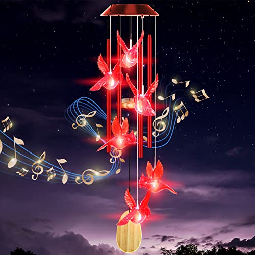 Cardinal Bird Solar Wind Chimes Outdoor, Red Bird Garden Decor , Waterproof Wind Chimes with Automatic Color Changing LED Lights for Patio, Porch, Garden, or Backyard Great Gifts for Mom or Dad