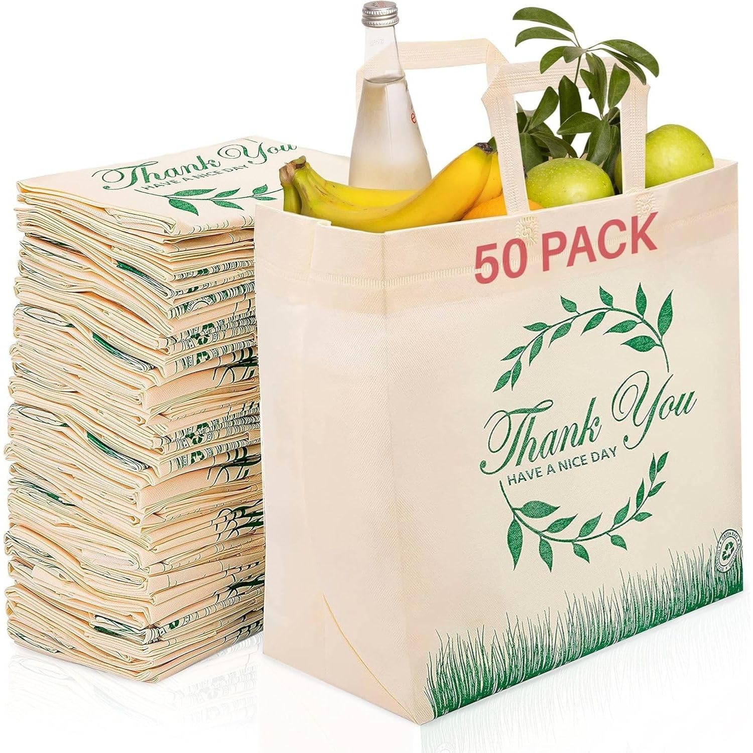 50 Pack Reusable Thank You-Have a Nice Day Eco-Friendly Large Grocery Shopping Bags 14.5"x14"x6.6" Durable, Recyclable Shopping Bags for Customers Washable, Foldable, Portable Tote Bags Bulk