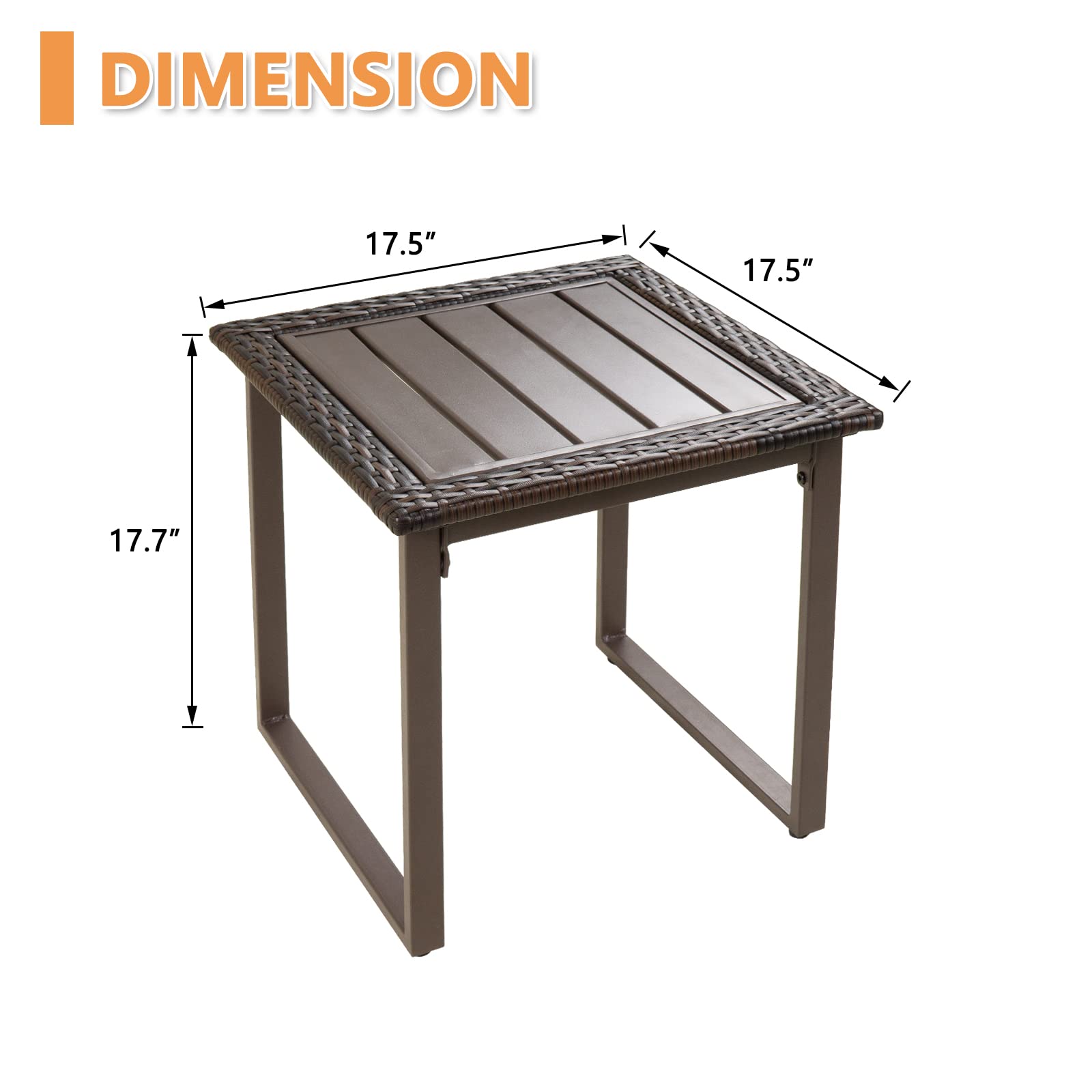 PHIKOOVA Wicker Outdoor Side Table Metal Patio Coffee Table, Metal Square Side Table with Wicker Edge & Slatted Metal Top, for Lawn Garden Backyard, Brown