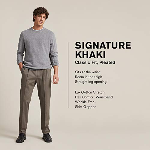 Dockers Men's Classic Fit Signature Khaki Lux Cotton Stretch Pants-Pleated (Regular and Big & Tall), Dark Pebble, 48W x 28L
