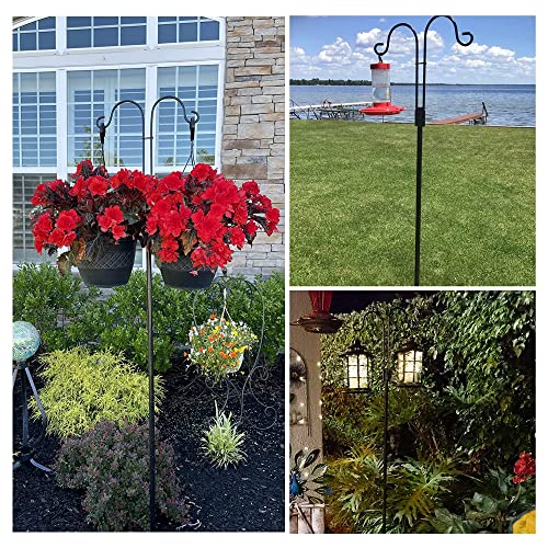 Double Shepherds Hooks for Outdoor, 2-Pack Heavy Duty Two Sided Garden Pole for Hanging Bird Feeder, Plant Baskets, Solar Light Lanterns, Garden Plant Hanger Stands with 5 Base Prongs (77 inch)