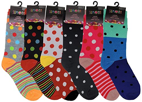 Sumona 6 Pairs Women Colorful Fancy Design Soft & Stretchy Novelty Crew Socks (Bright Polka Dot)