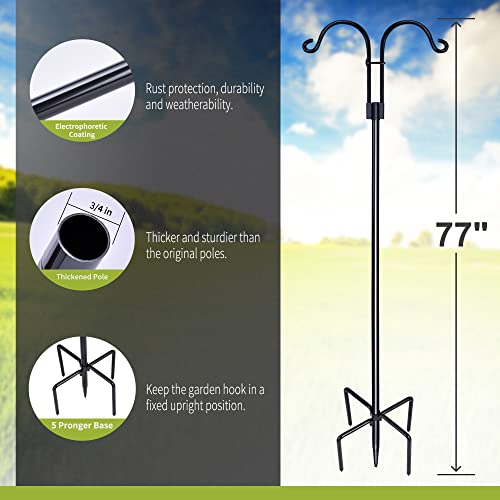 Double Shepherds Hooks for Outdoor, 2-Pack Heavy Duty Two Sided Garden Pole for Hanging Bird Feeder, Plant Baskets, Solar Light Lanterns, Garden Plant Hanger Stands with 5 Base Prongs (77 inch)