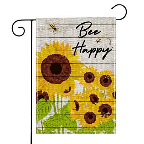Summer Sunflowers Garden Flag Bees Happy Garden Flag 12x18 Vertical Double Sided Burlap Sunflower Outdoor Decoration (Bees Sunflowers)