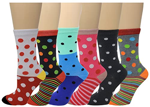 Sumona 6 Pairs Women Colorful Fancy Design Soft & Stretchy Novelty Crew Socks (Bright Polka Dot)