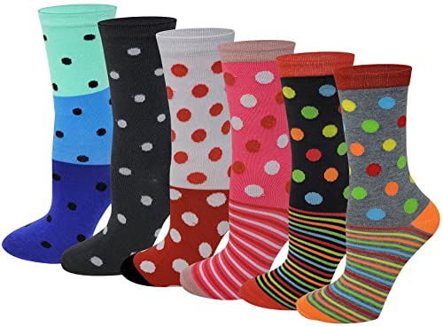 Sumona 6 Pairs Women Colorful Fancy Design Soft & Stretchy Novelty Crew Socks (Bright Polka Dot)