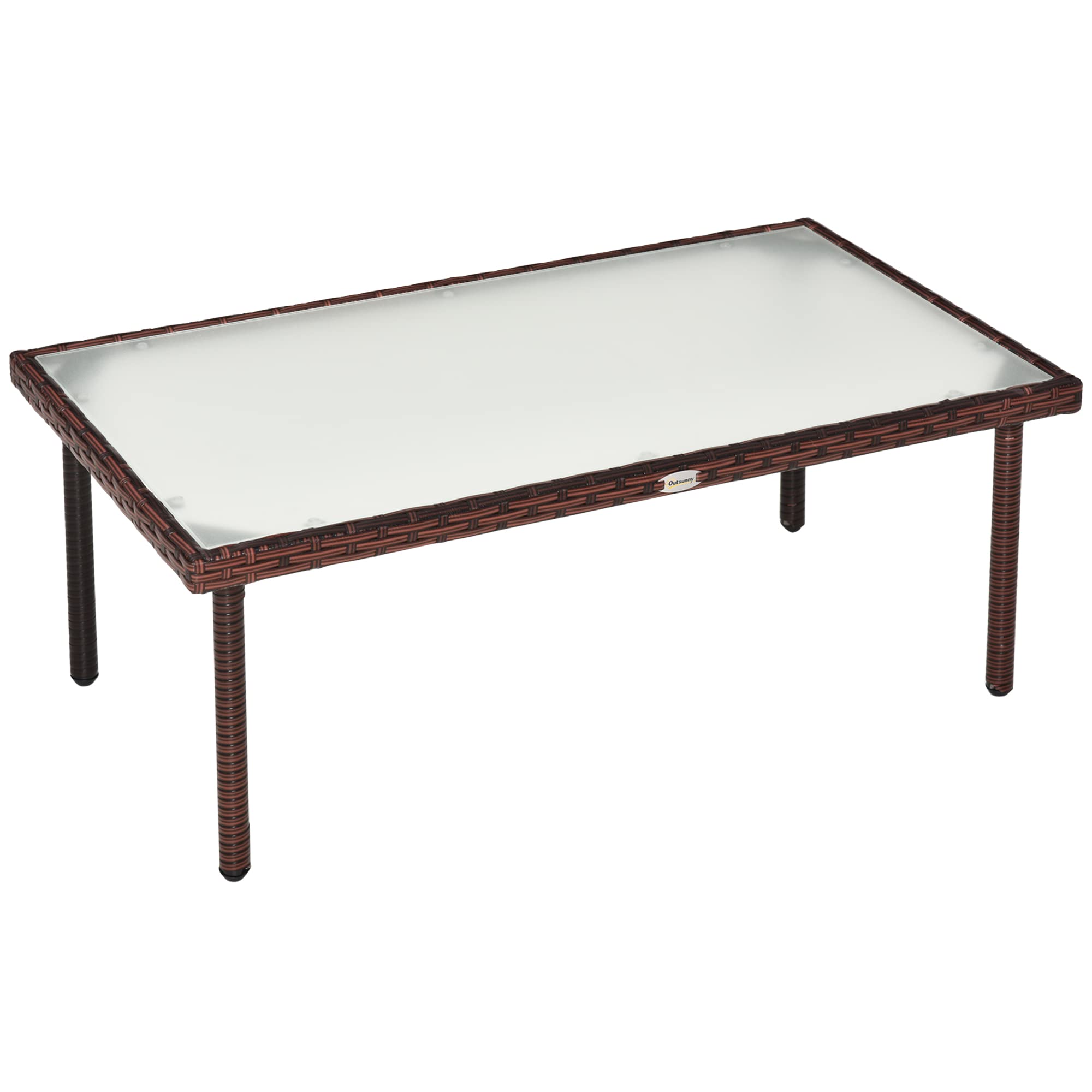 Outsunny Patio Wicker Dining Table, Outdoor Rattan Coffee Table with Glass Top for Garden, Patio, or Backyard, Deep Coffee