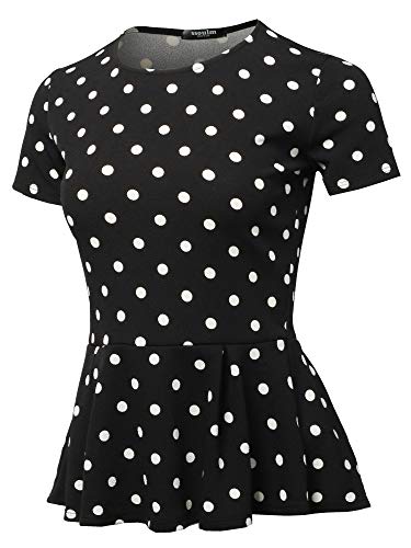 SSOULM Women's Classic Stretchy Short Sleeve Flare Peplum Blouse Top BLACKPOLKADOT L